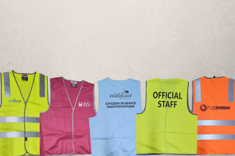 Our newest prints on coloured safety vests and high vis vests